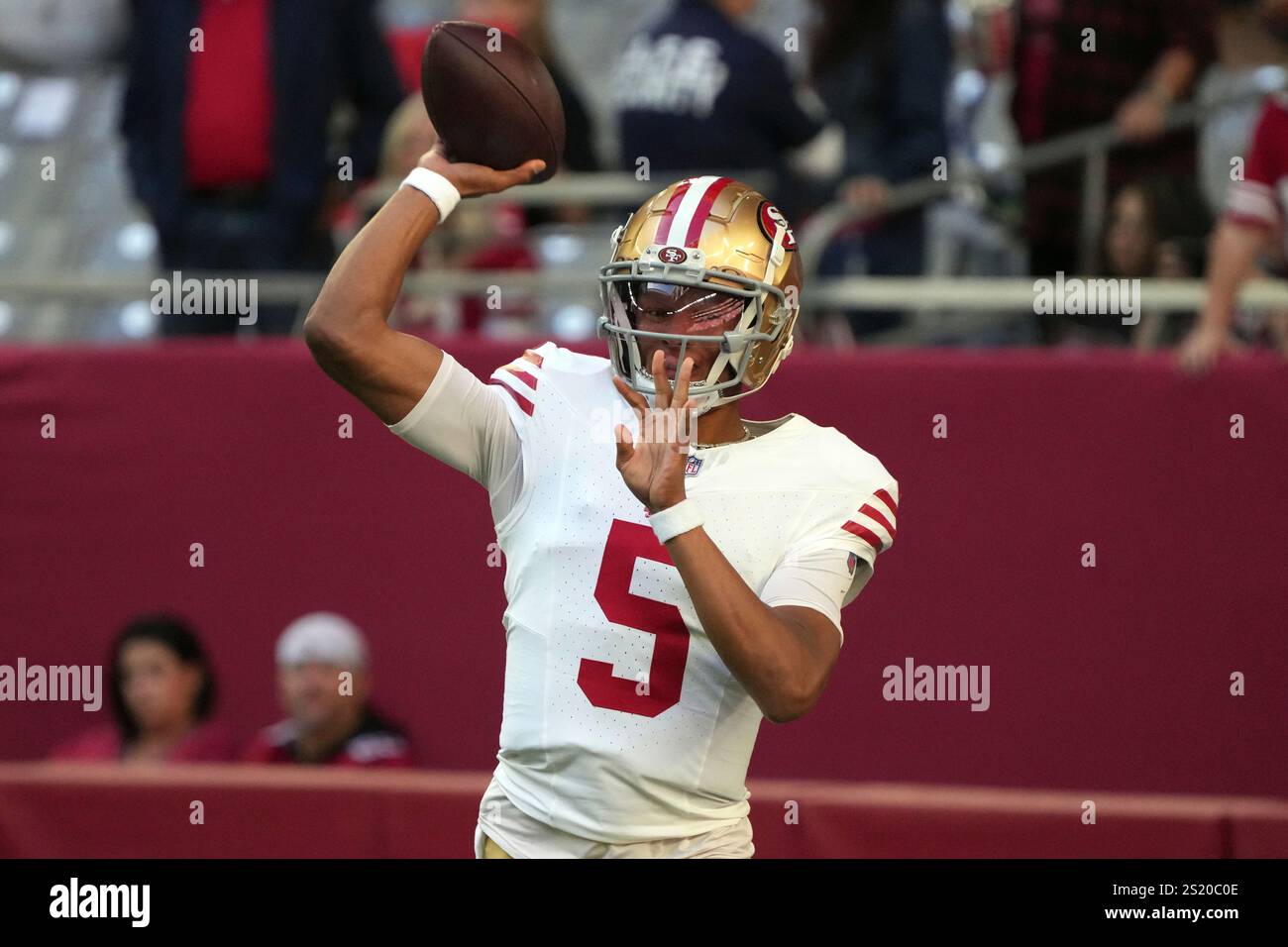 San Francisco 49ers quarterback Joshua Dobbs (5) warms up before an NFL ...