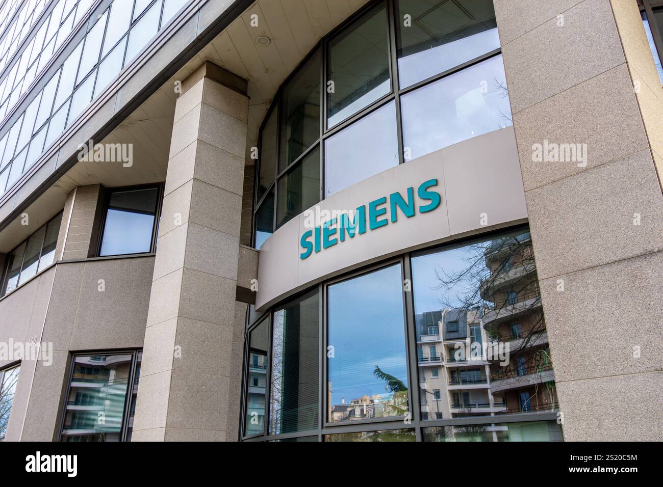 Facade of a Siemens Mobility building. Siemens is a German engineering ...