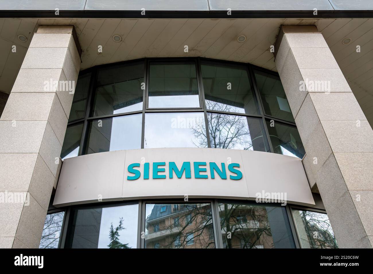 Facade of a Siemens Mobility building. Siemens is a German engineering conglomerate specializing ...