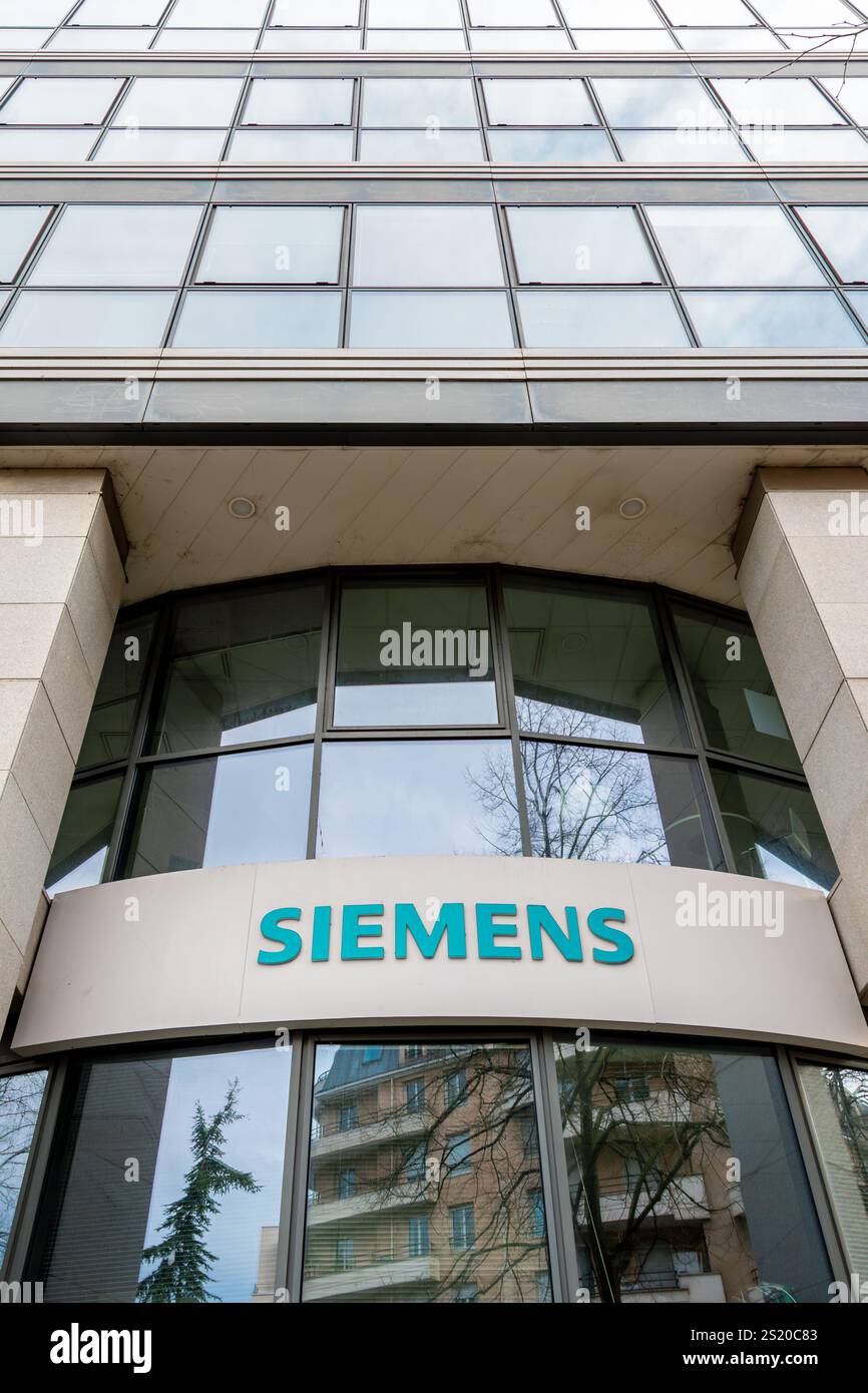 Facade of a Siemens Mobility building. Siemens is a German engineering ...