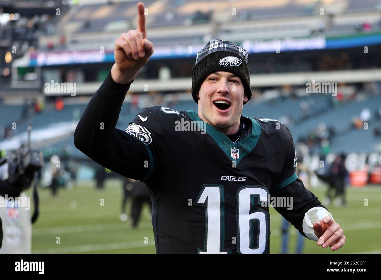 Philadelphia Eagles quarterback Tanner McKee (16) celebrates after an ...