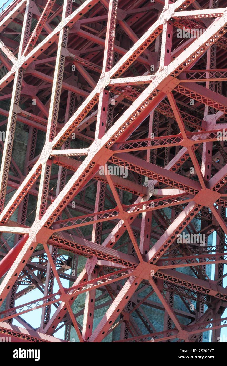 Golden Gate Bridge's intricate steel architecture and iconic red beams ...