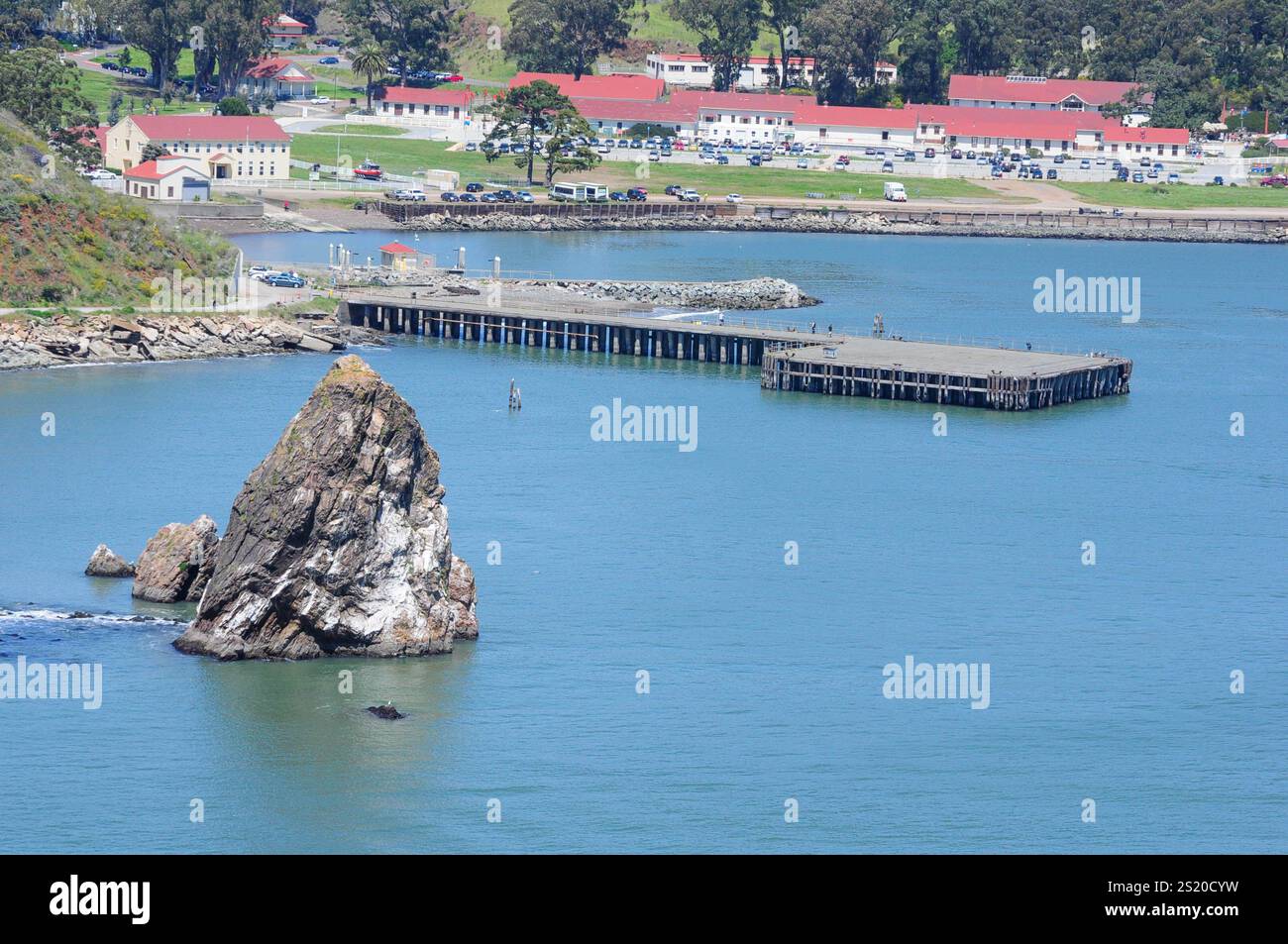 Scenic peninsula with rocky outcrop and pier, San Francisco Bay Area ...