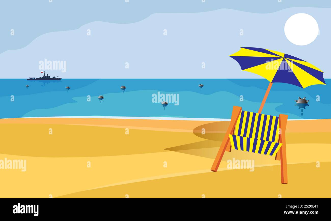 Illustration of a Ukrainian beach with an umbrella and a deck chair in ...