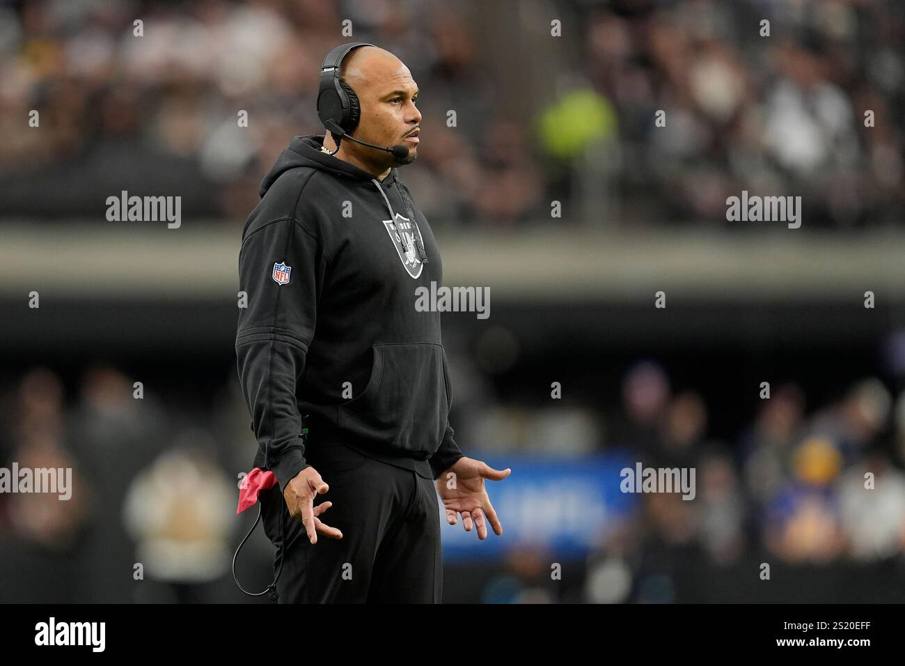 Las Vegas Raiders head coach Antonio Pierce reacts during the first ...