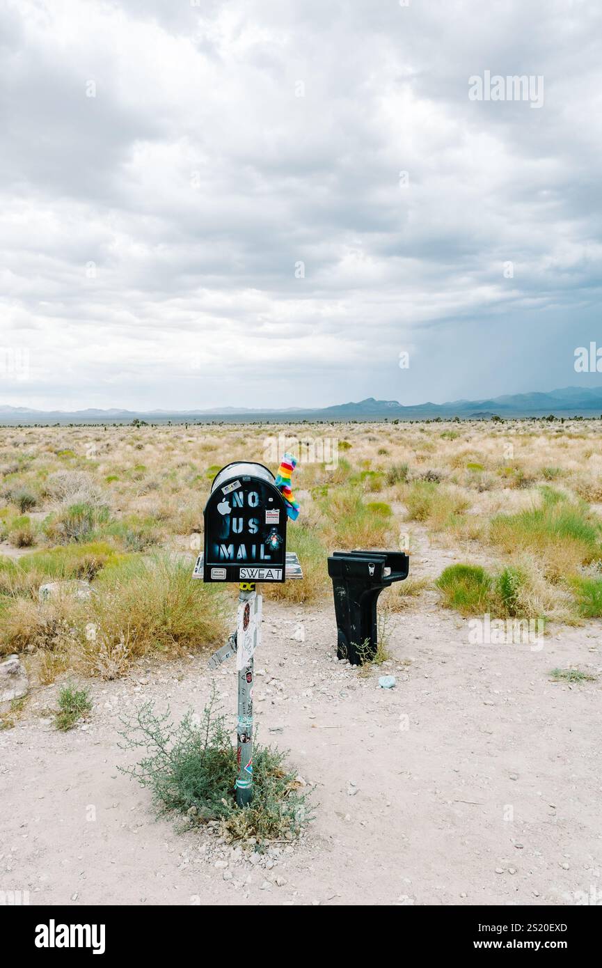 Rachel, Nevada / USA - July 24, 2019: Famous black mailbox marks the ...