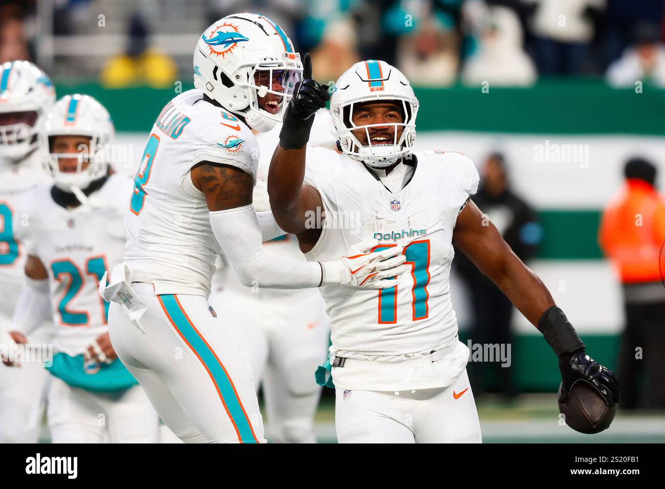 Miami Dolphins linebacker Tyrel Dodson (11) celebrates after an ...