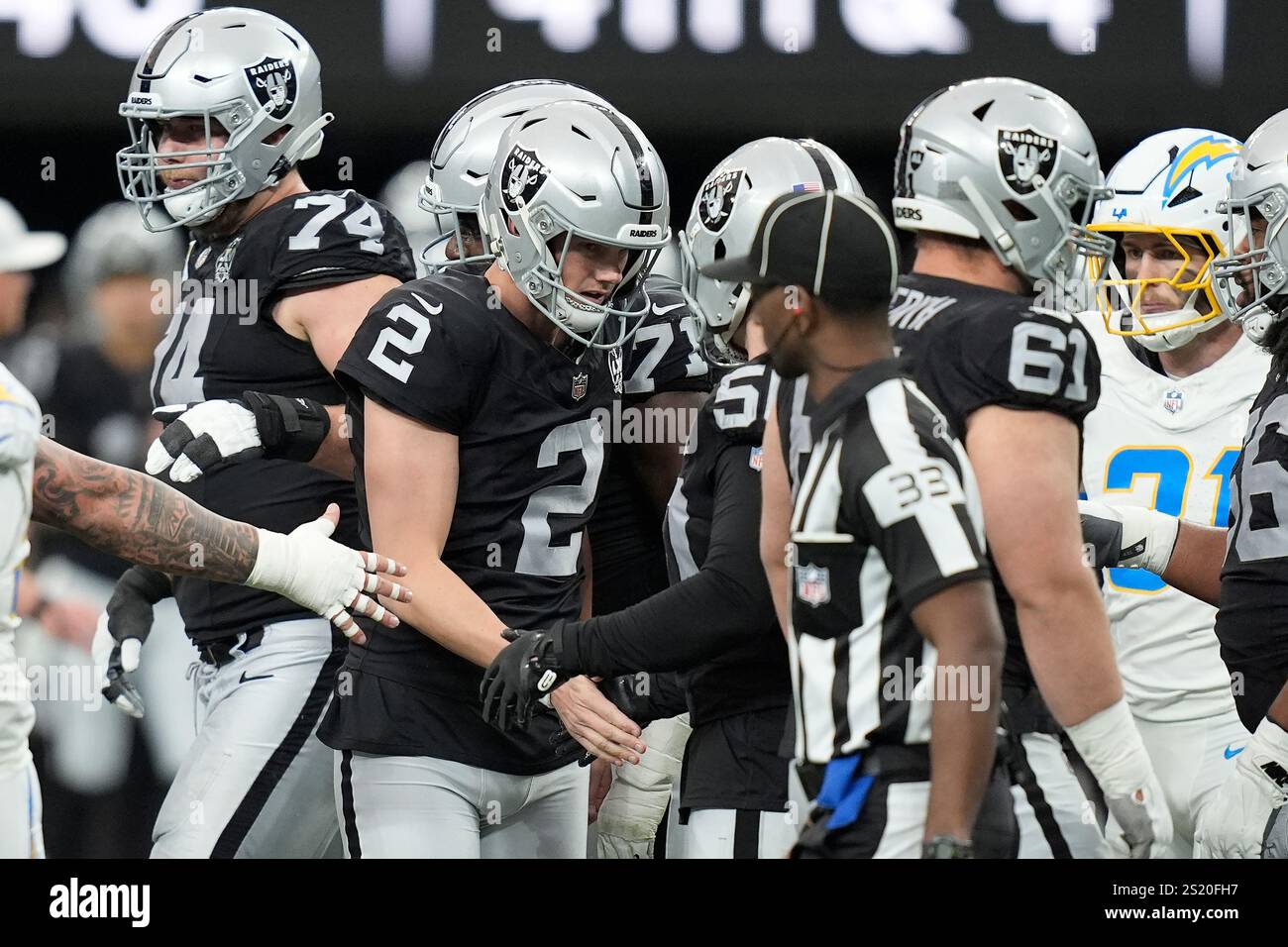 Las Vegas Raiders place kicker Daniel Carlson (2) celebrates with ...