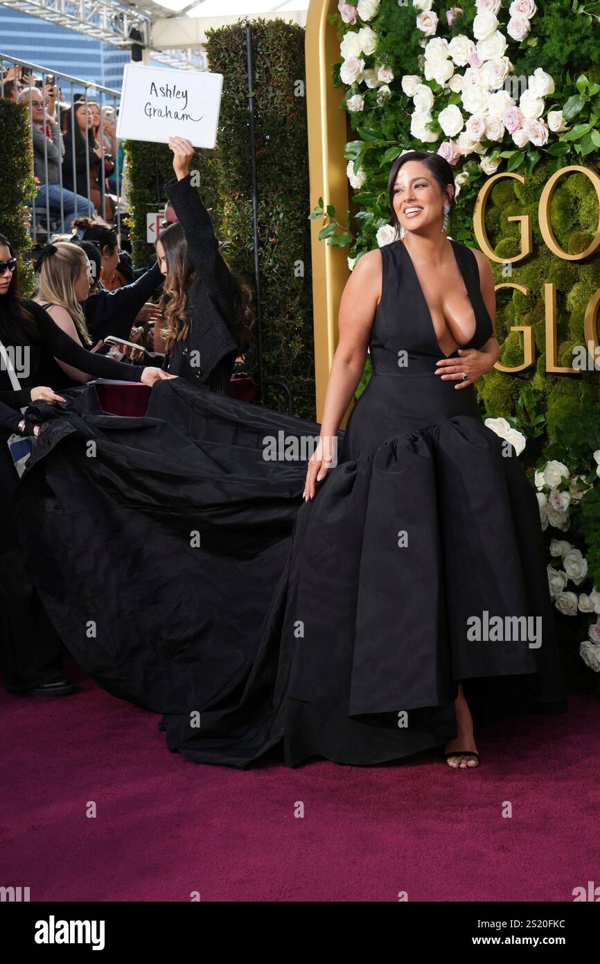 Ashley Graham arrives at the 82nd Golden Globes on Sunday, Jan. 5, 2025 ...