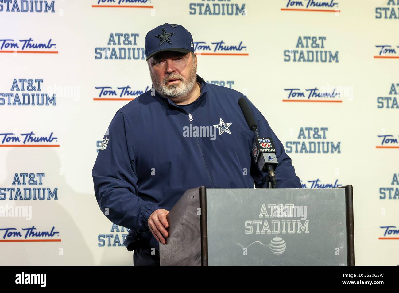 Dallas Cowboys head coach Mike McCarthy talks to reporters following an ...