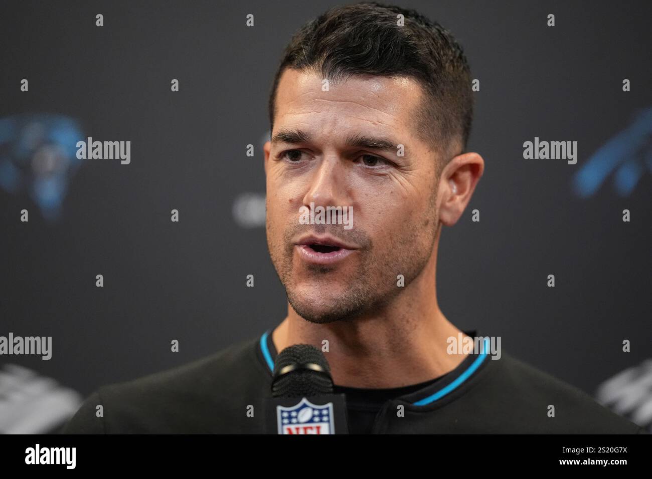 Carolina Panthers head coach Dave Canales speaks after an NFL football ...
