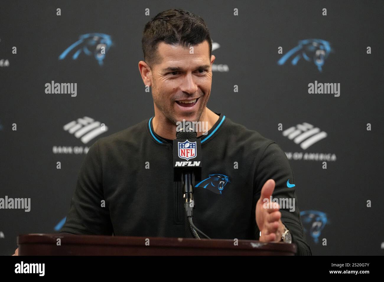 Carolina Panthers head coach Dave Canales speaks after an NFL football ...
