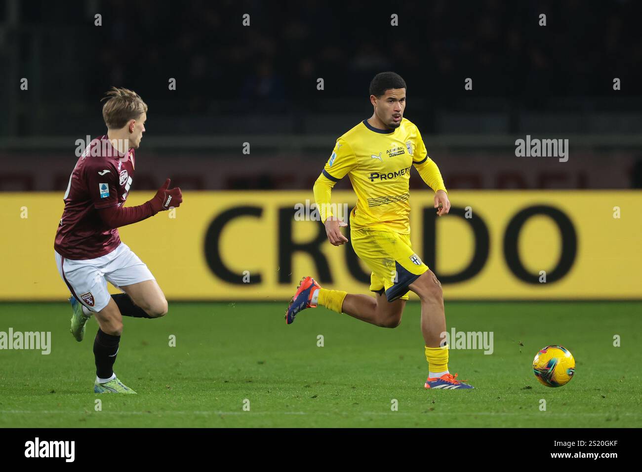 Turin, Italy. 5th Jan, 2025. Simon Sohm of Parma Calcio is pursued by ...