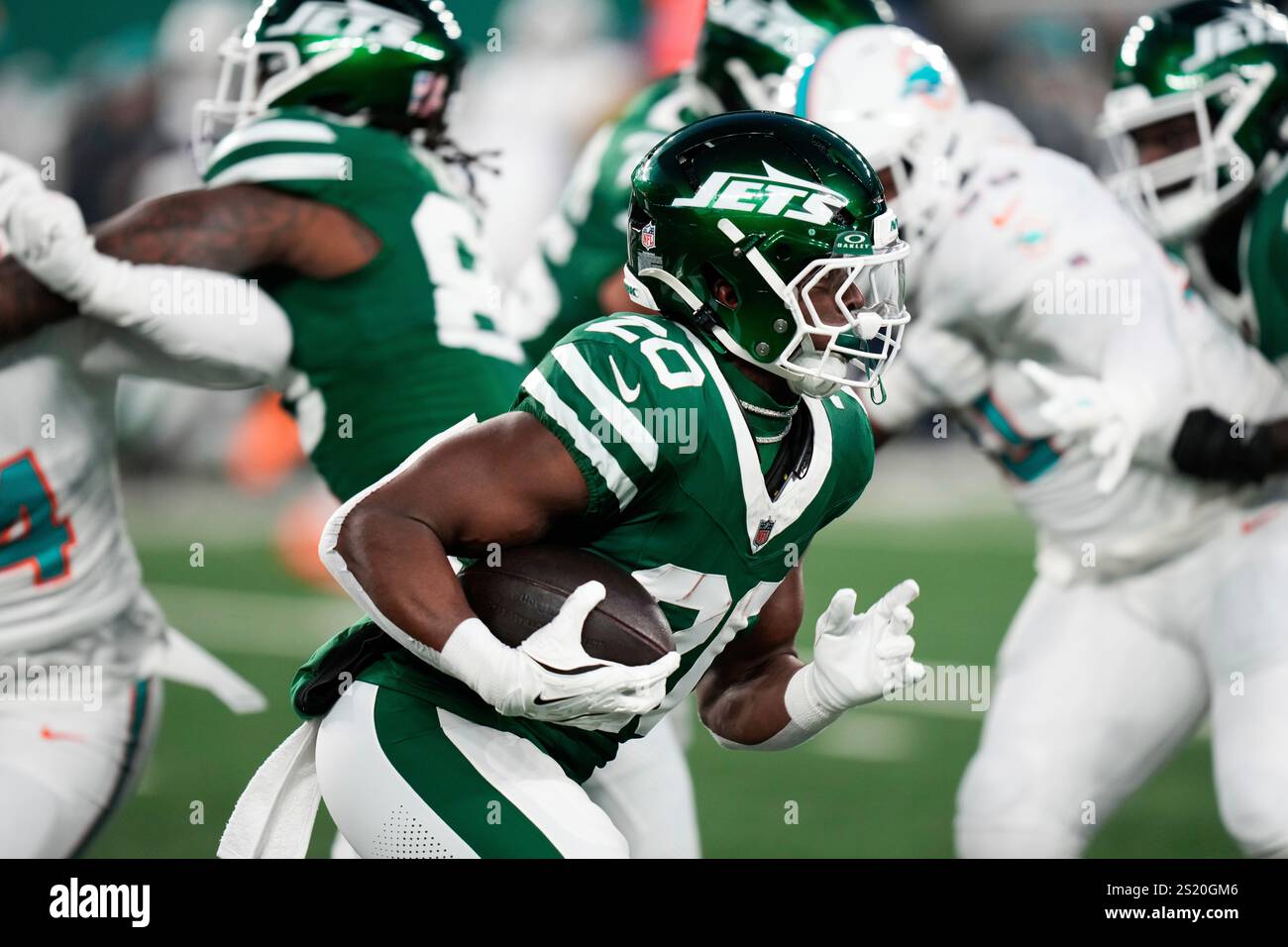 New York Jets running back Breece Hall (20) runs the ball during the ...