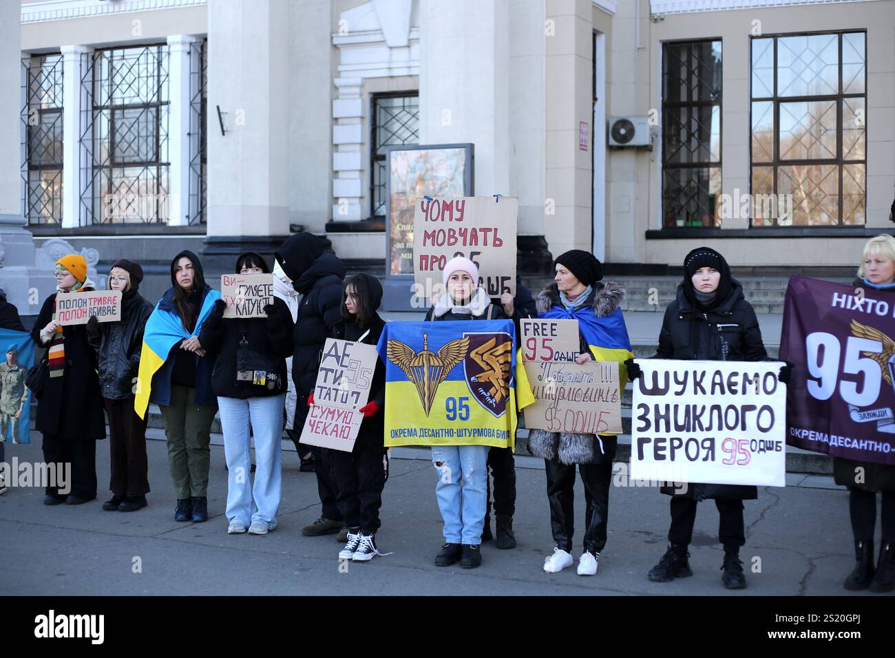 Odessa, Ukraine. 05th Jan, 2025. Protesters hold banners in the colours ...