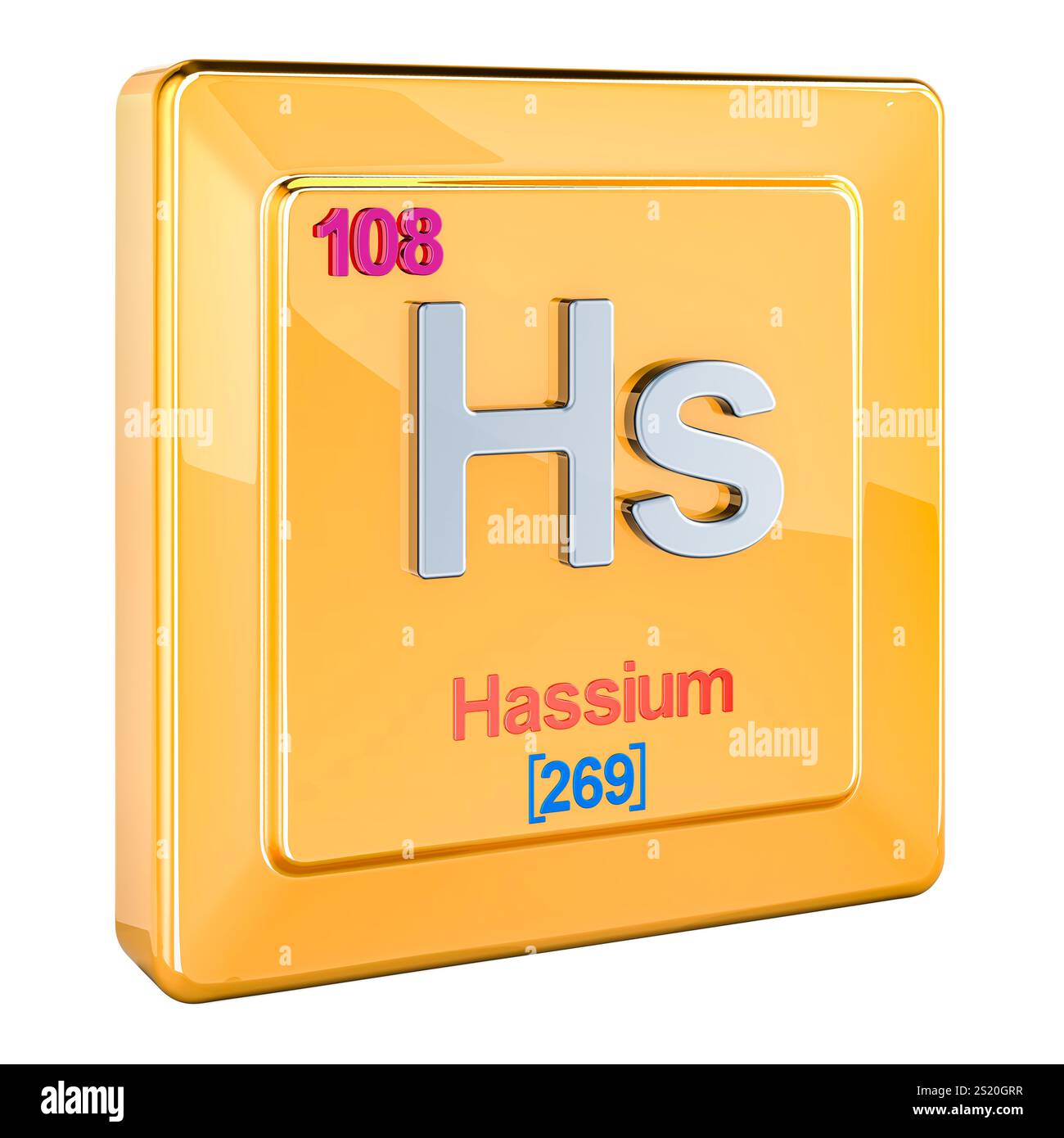 Hassium Hs, chemical element sign with number 108 in periodic table. 3D ...