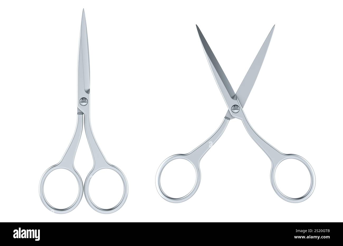 Metallic Scissors, opened and closed, top views. 3D rendering isolated ...