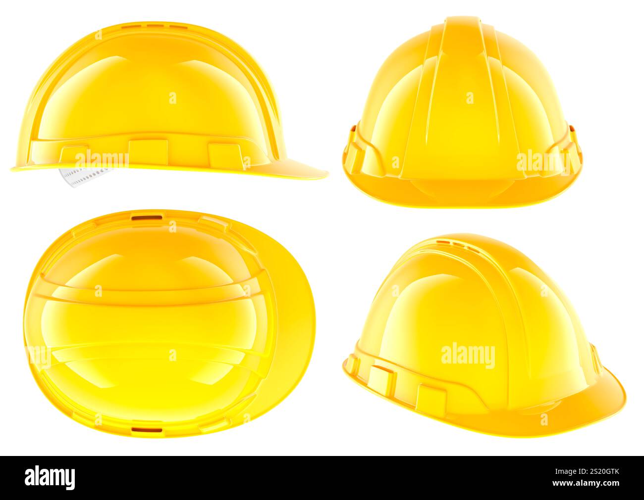 Construction orange hard hats. Different views and angles, 3D rendering ...