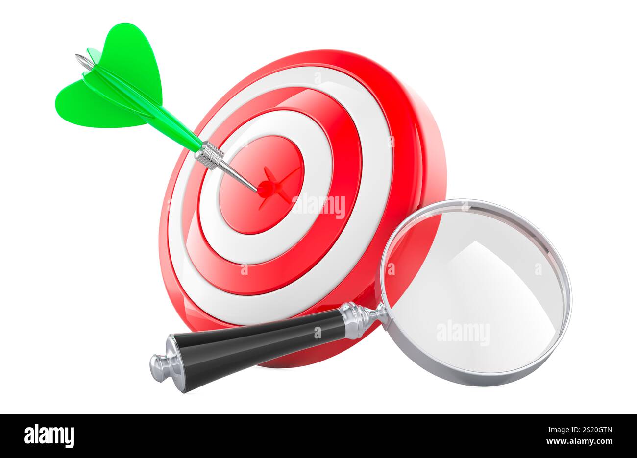 Target with arrow in bullseye with magnifying glass. 3D rendering ...