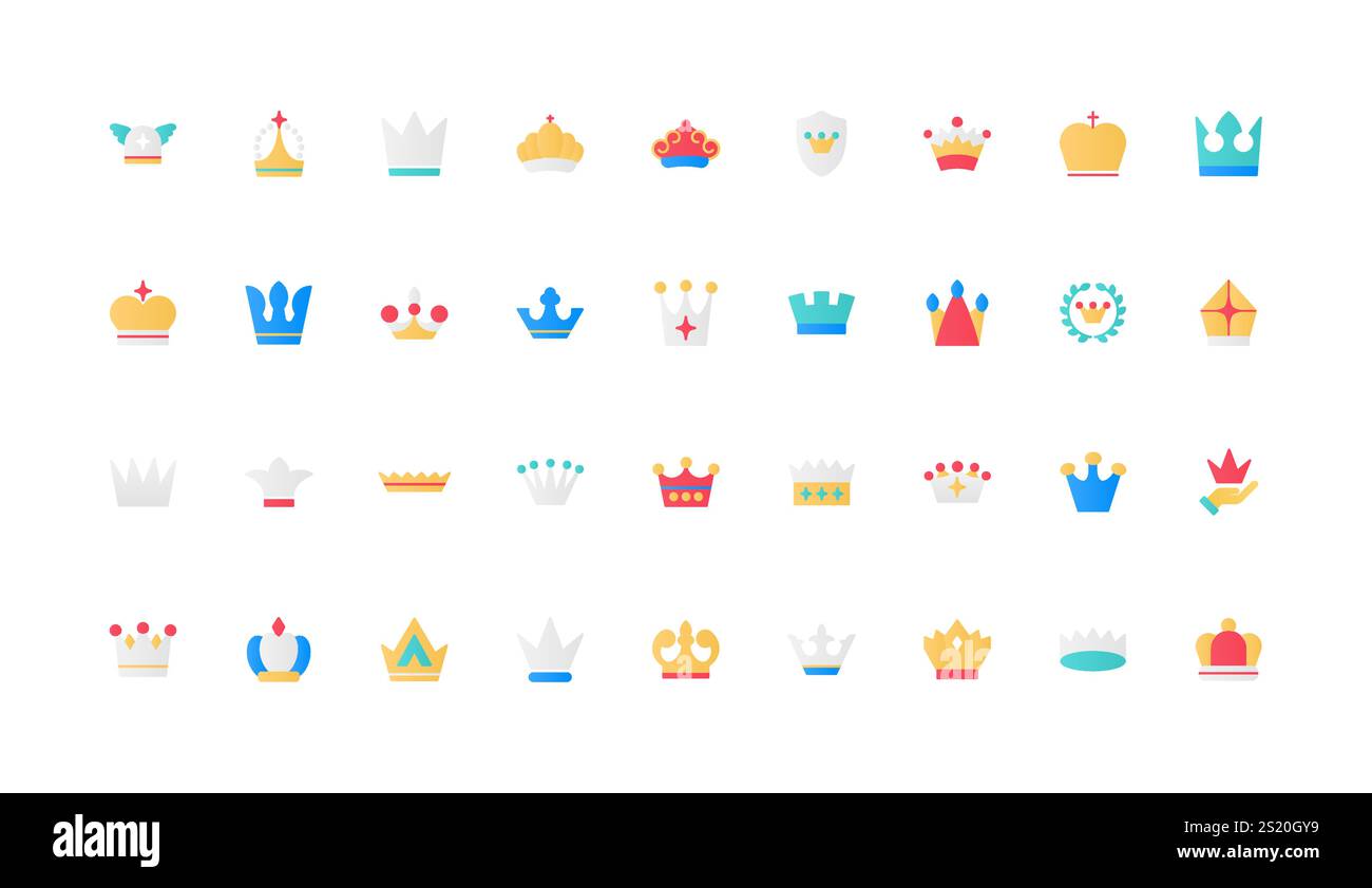 Different crowns for royal person, luxury victory award color icon set ...