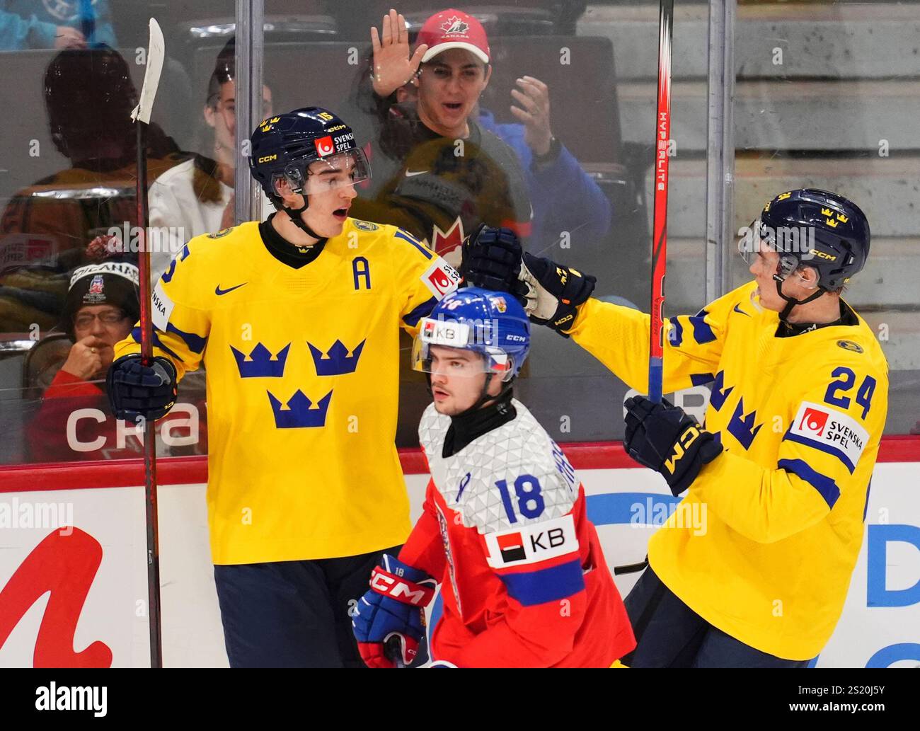 Sweden forward David Edstrom (15) celebrates his goal with teammate ...