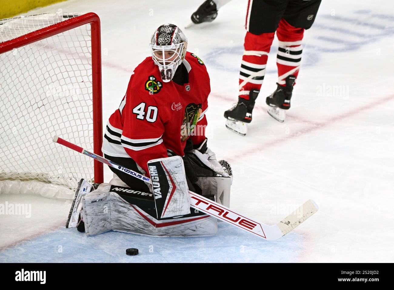 Chicago Blackhawks' Arvid Soderblom (40) reacts after giving up a goal ...