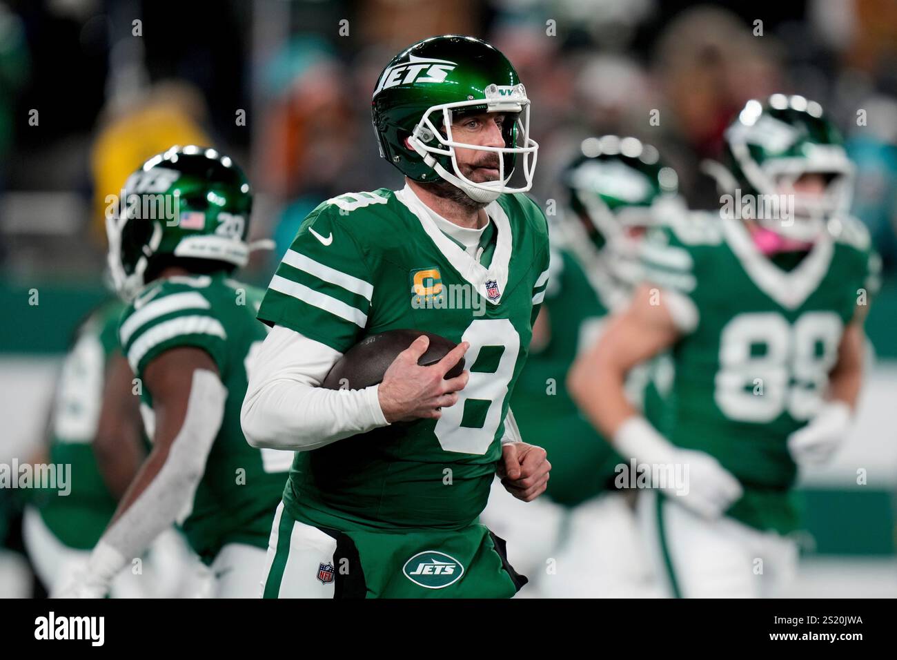New York Jets quarterback Aaron Rodgers (8) reacts following his 500th ...