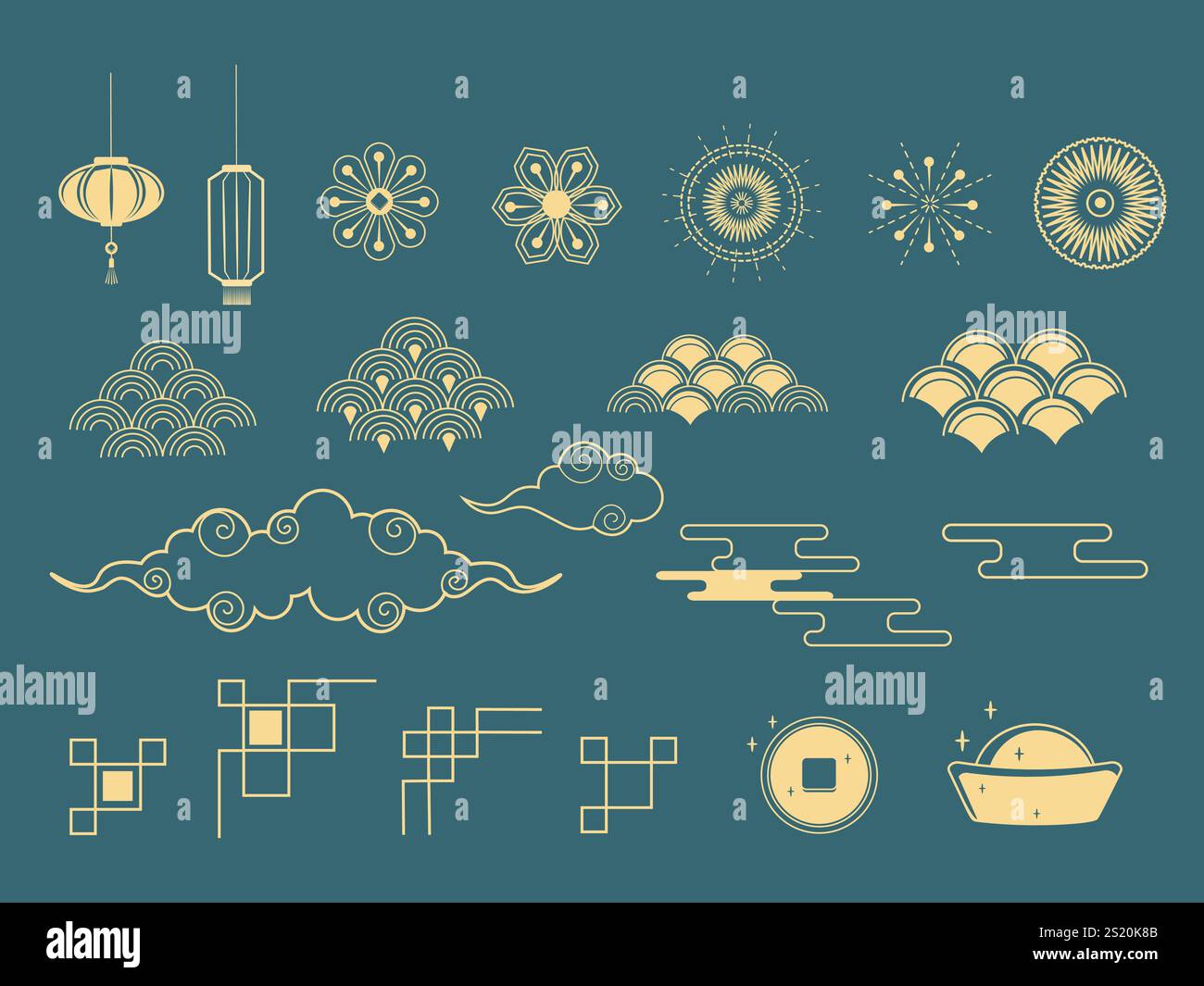 A collection of Asian traditional decorative elements and symbols in ...