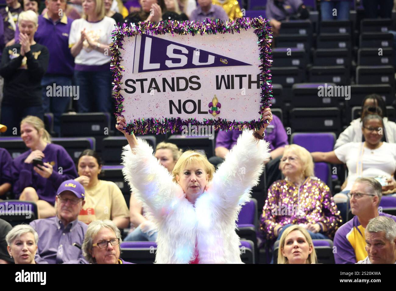 Baton Rouge, United States. 05th Jan, 2025. A LSU Lady Tigers fan holds ...