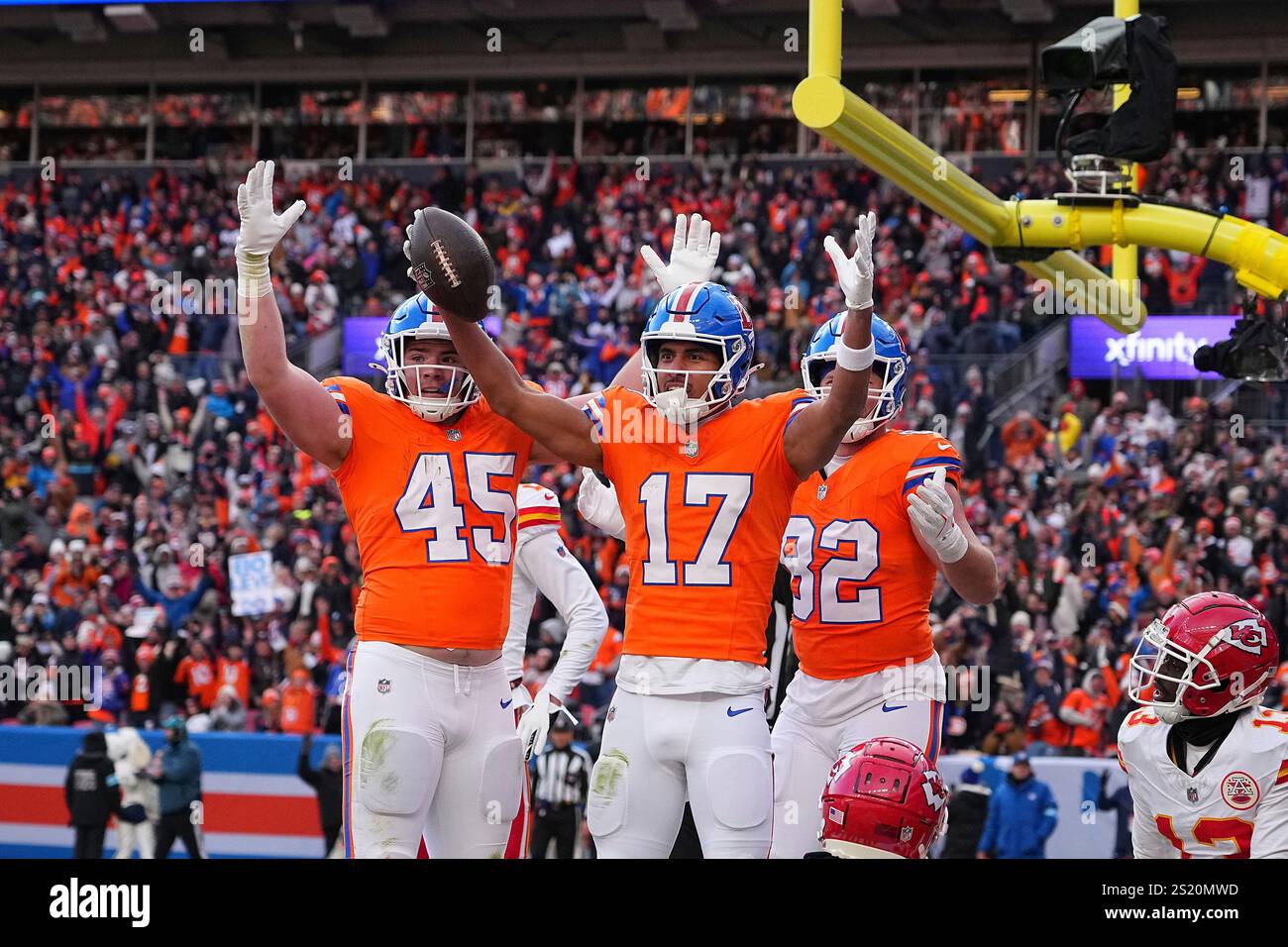 Denver Broncos wide receiver Devaughn Vele (17) celebrates a touchdown ...