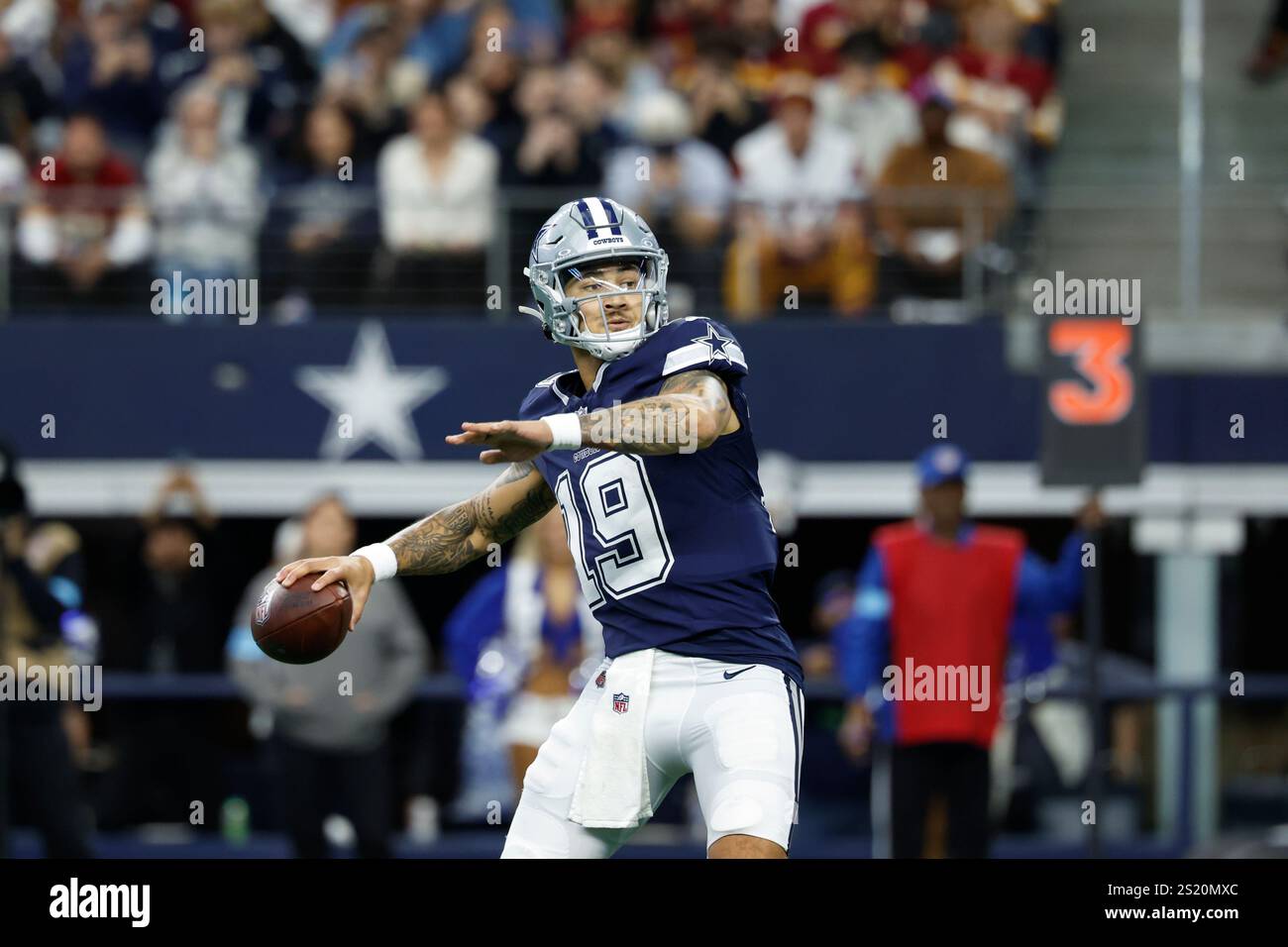 Dallas Cowboys quarterback Trey Lance (19) looks to pass during a NFL ...