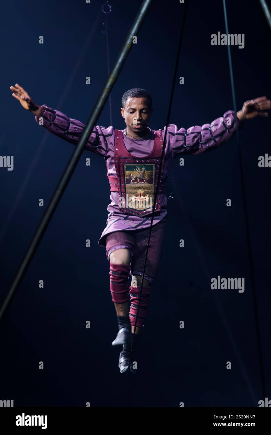 Paris, France. 5th Jan, 2025. An Ethiopian circus artist performs at the Phenix circus with the ...