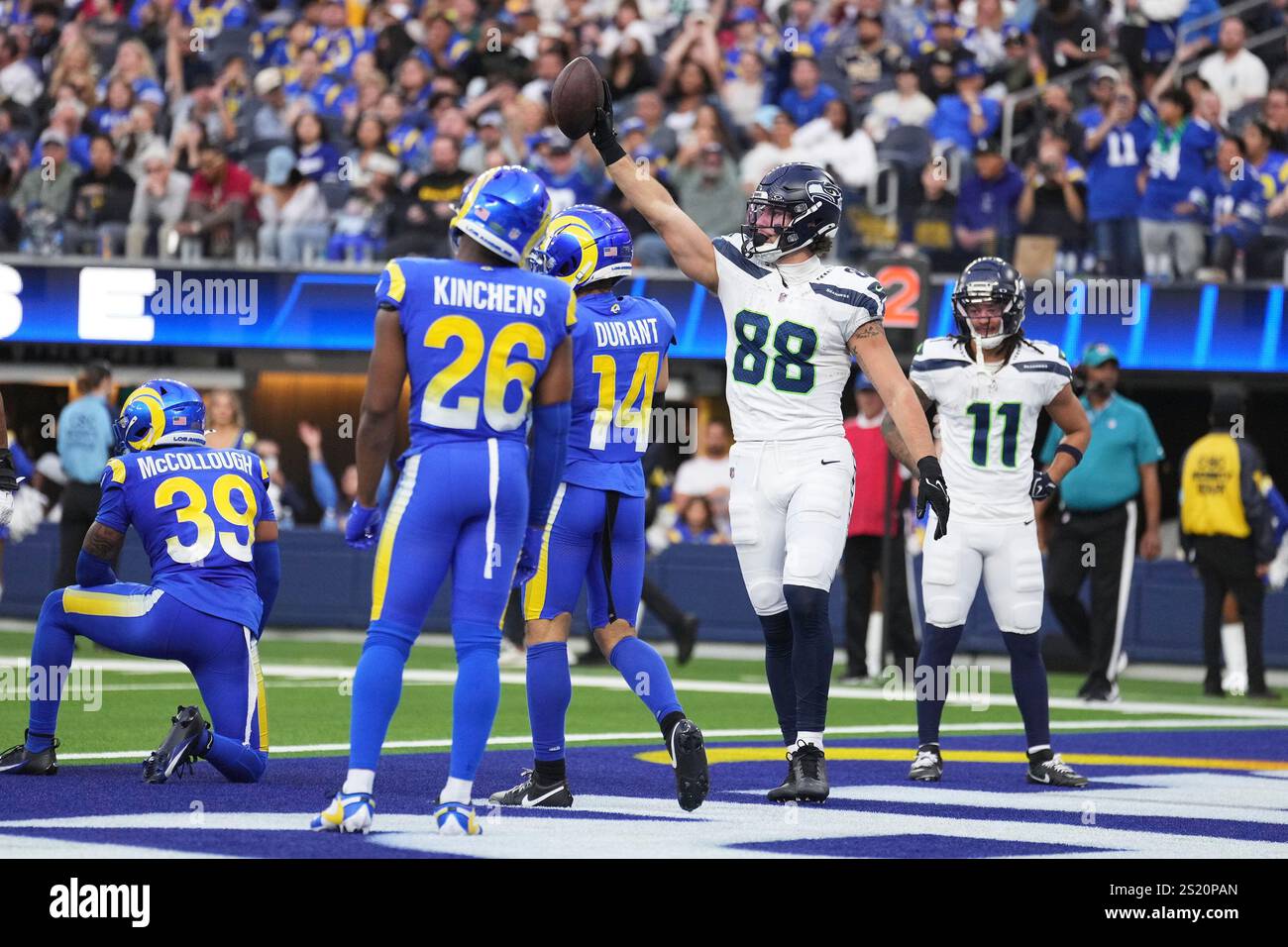 Seattle Seahawks tight end AJ Barner (88) celebrates after catching a ...
