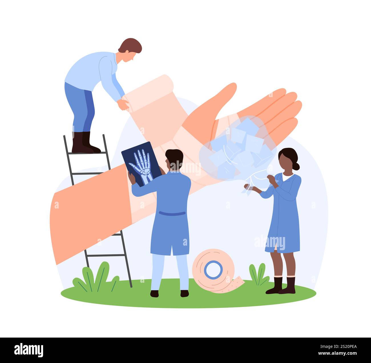 Healthcare professionals treating a hand injury using X-rays, bandages ...