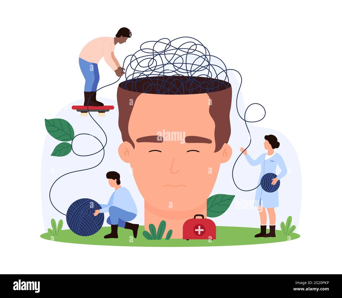 Group of medics works on a large head with tangled yarn inside, symbolizing mental health ...