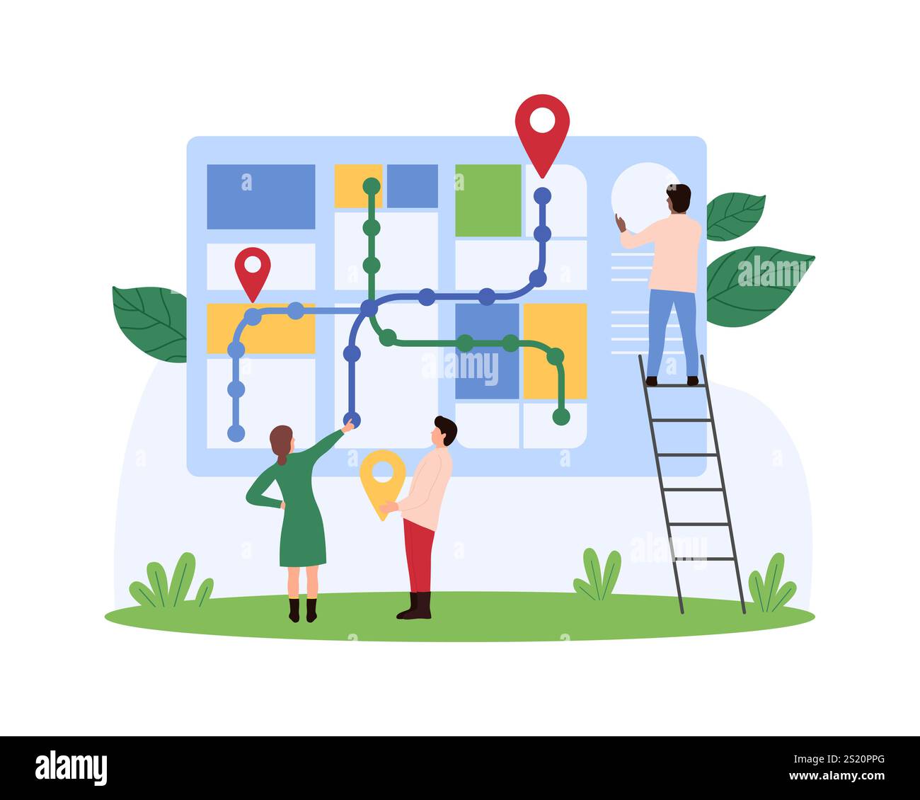 Team of people collaborates on a large city map, using markers and ...