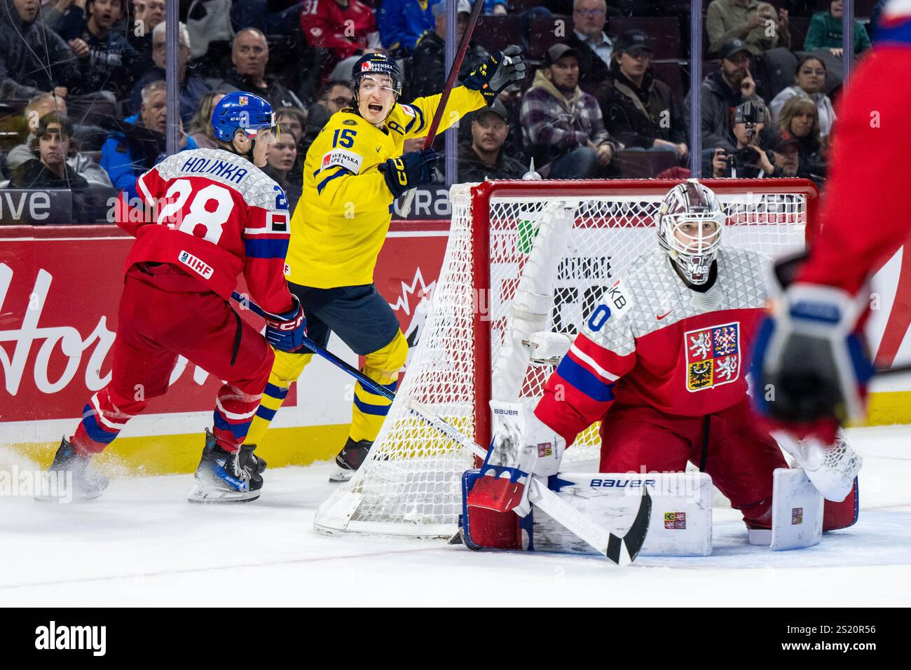 David Edstrom of, Sweden. , . celebrates scoring 2-2 behind goaltender ...