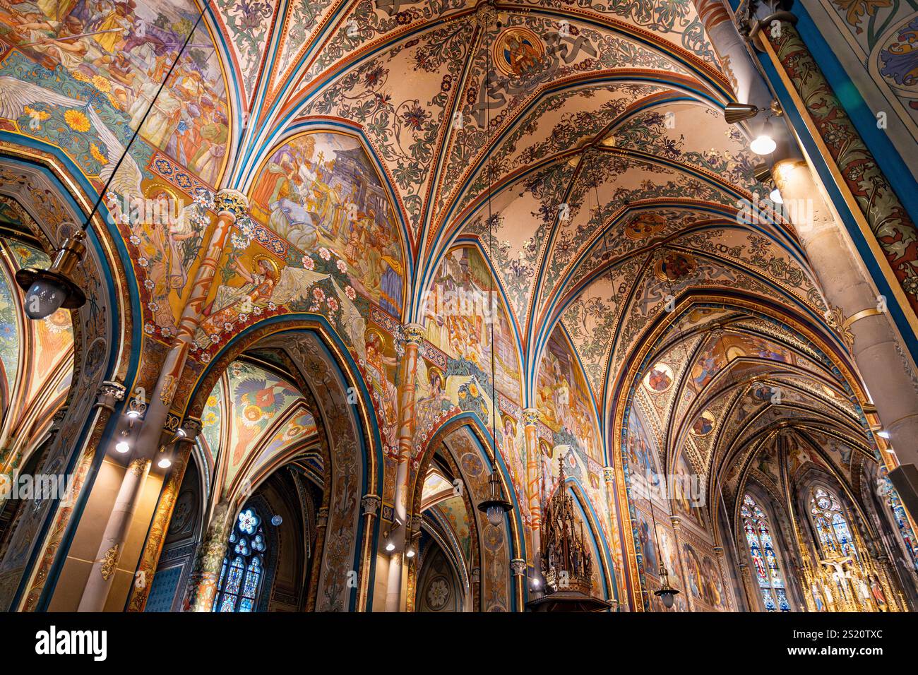 Art Nouveau style frescoes in the ceiling of the main nave of neo ...