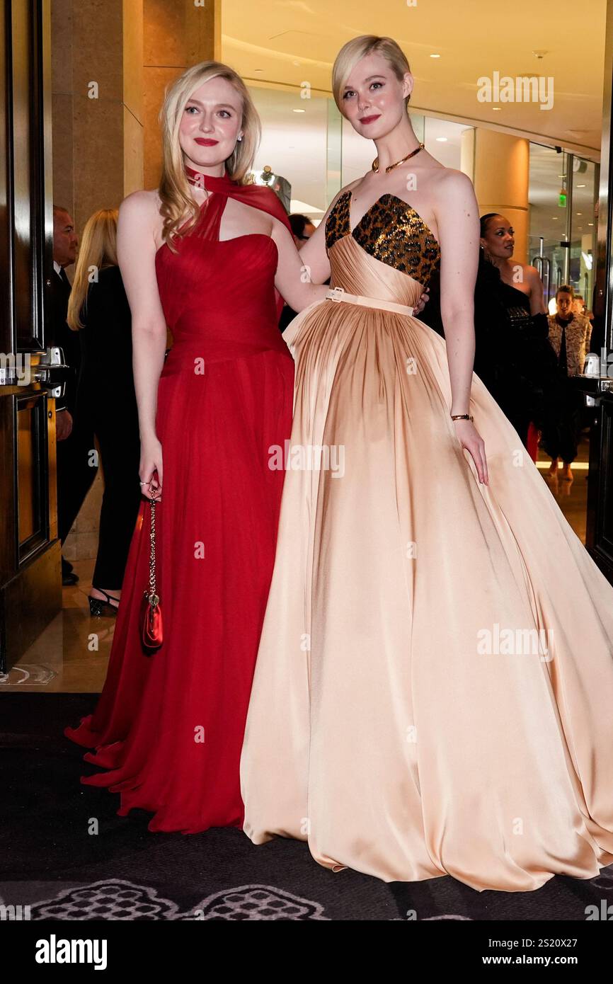 Dakota Fanning, left, and Elle Fanning arrive at the 82nd Golden Globes ...