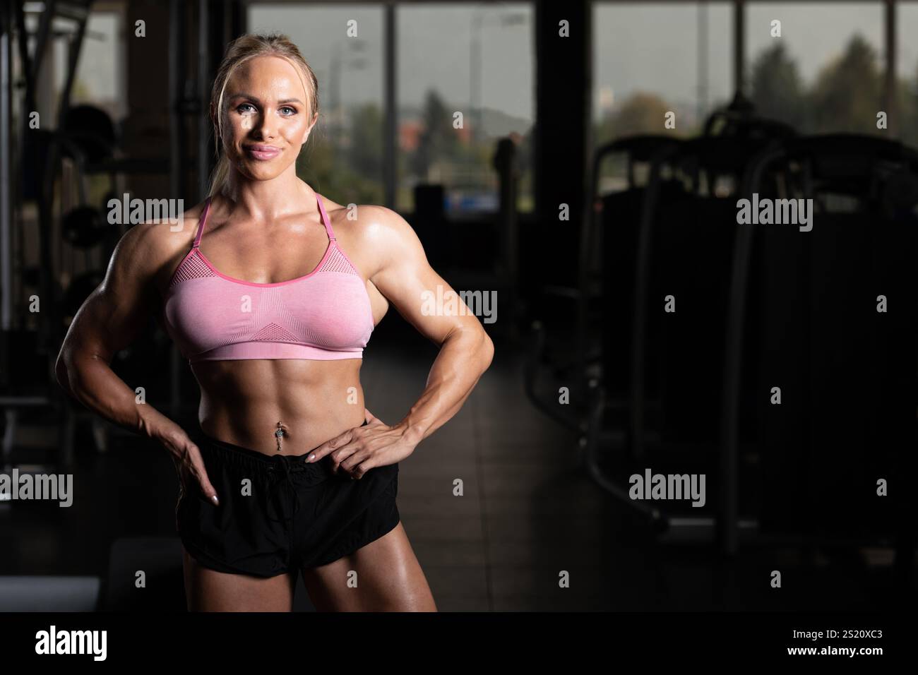 Fit Blonde Woman Striking Poses In A Gym - Showcasing Her Defined Muscles And Confident Energy ...