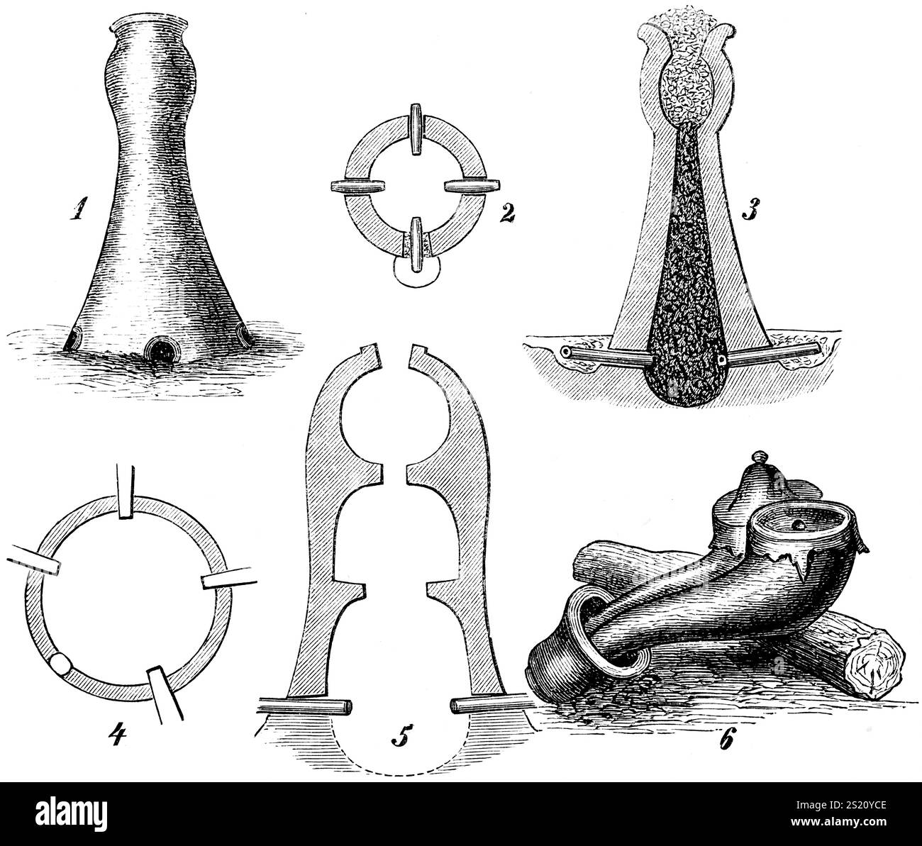 Forging iron in a clay furnace, two cross-sections and ground plans (1 ...