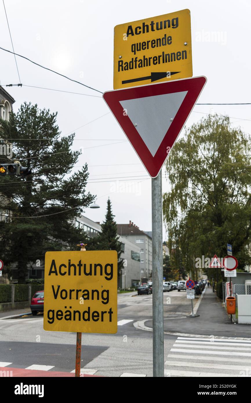Traffic signs, attention, modified right of way, priority for cyclists ...