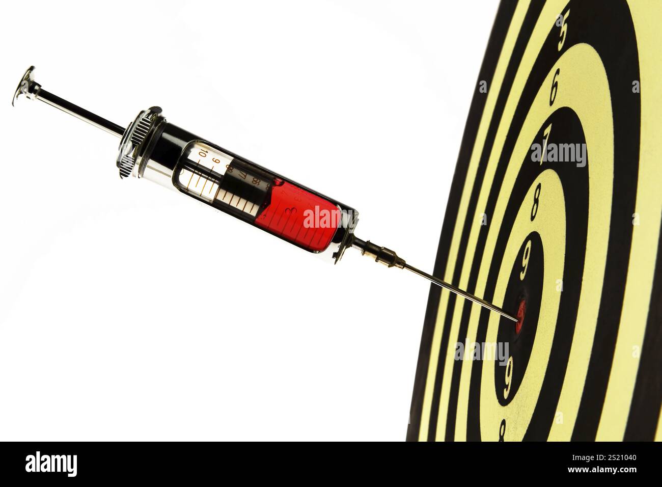 A doctor's syringe in the centre of a target. Injection with blood ...
