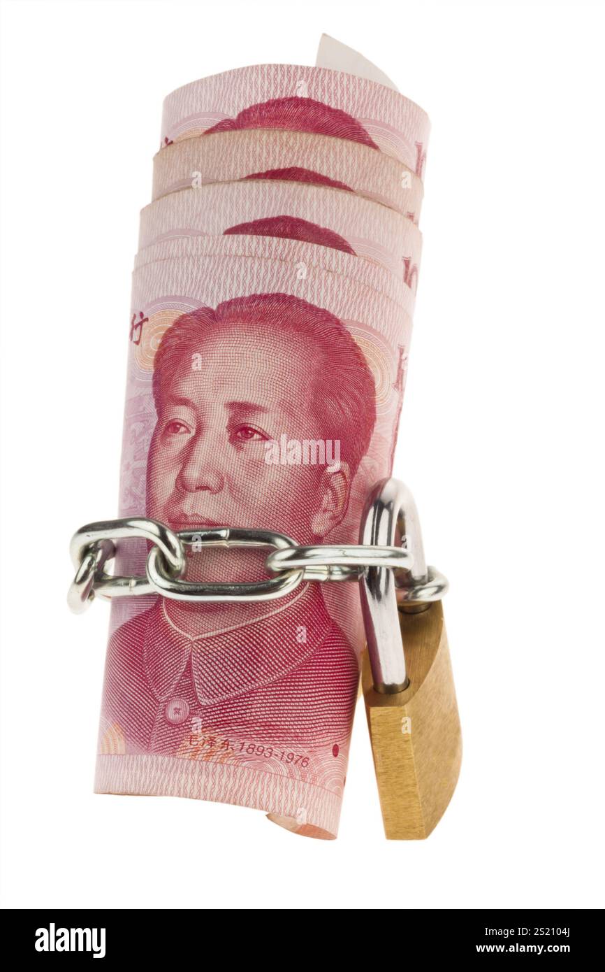 A Chinese yuan banknote sealed with a lock. Security when investing ...