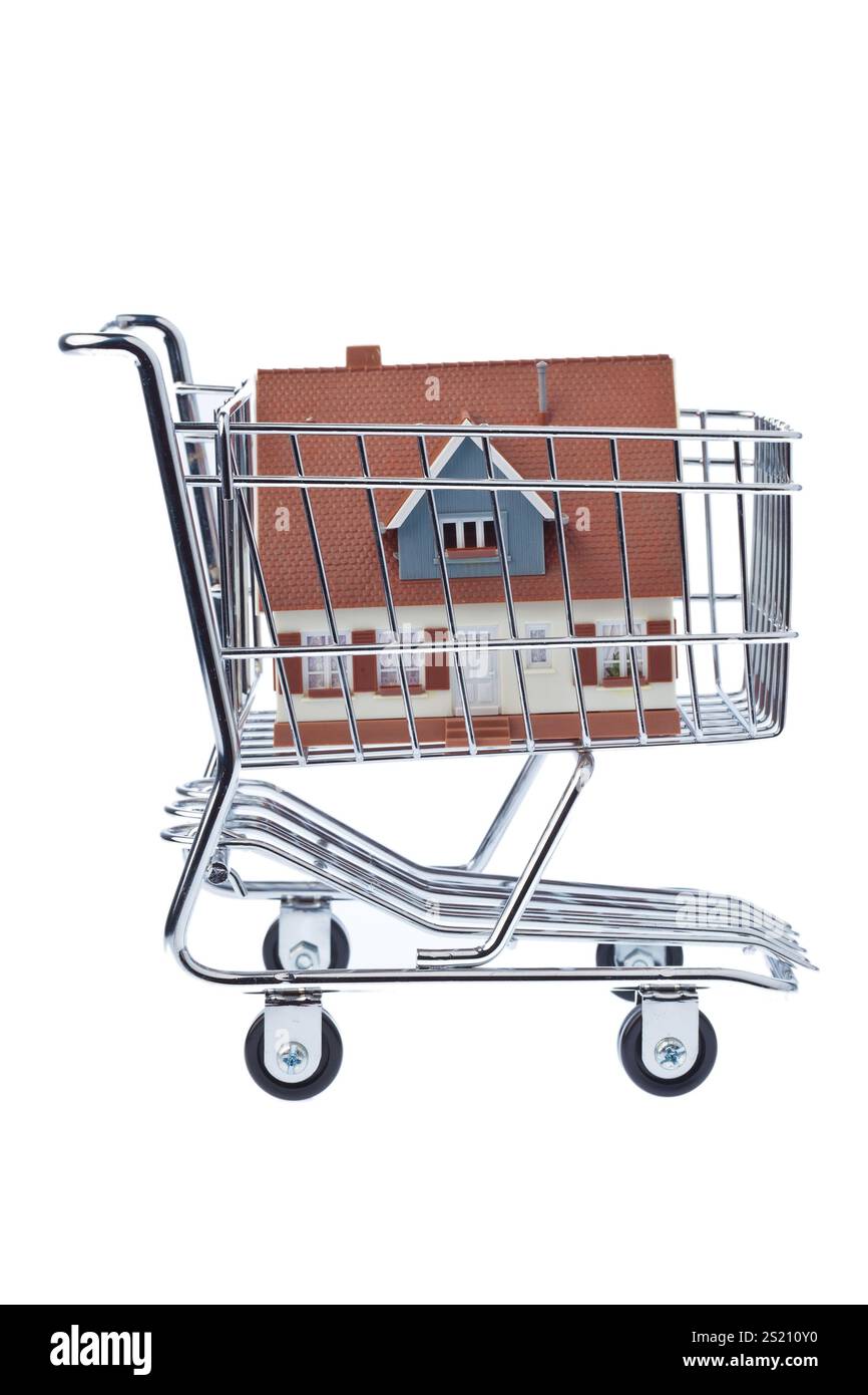 A model of a house in a shopping trolley. Symbol photo for house ...