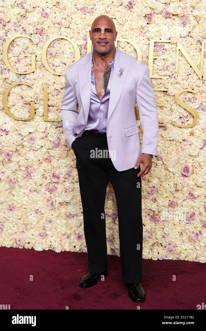 Dwayne Johnson arrives at the 82nd Golden Globes on Sunday, Jan. 5, 2025, at the Beverly Hilton ...