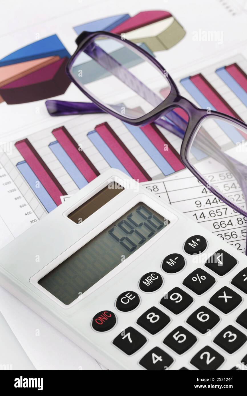 A calculator with graphs of a balance sheet. Turnover, profit and costs ...