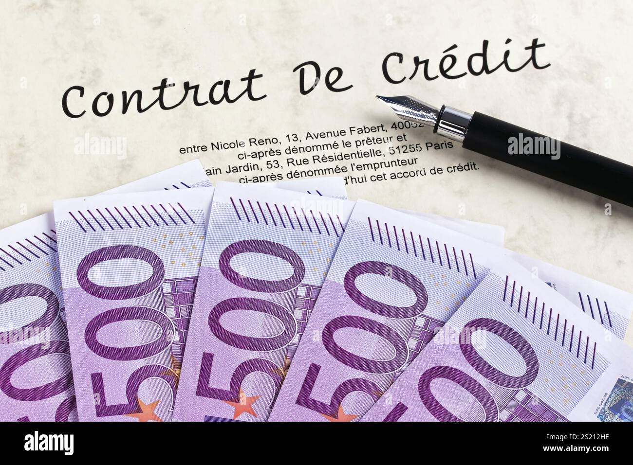 Many euro banknotes and credit contract (French) Austria Stock Photo ...