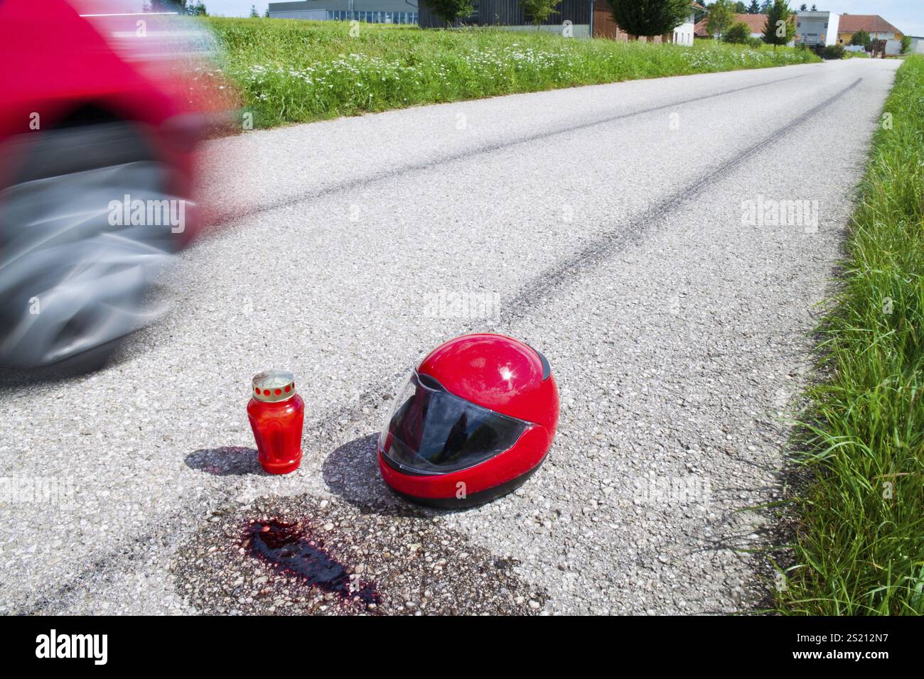 An accident with a motorbike. Traffic accident and skid marks on road ...