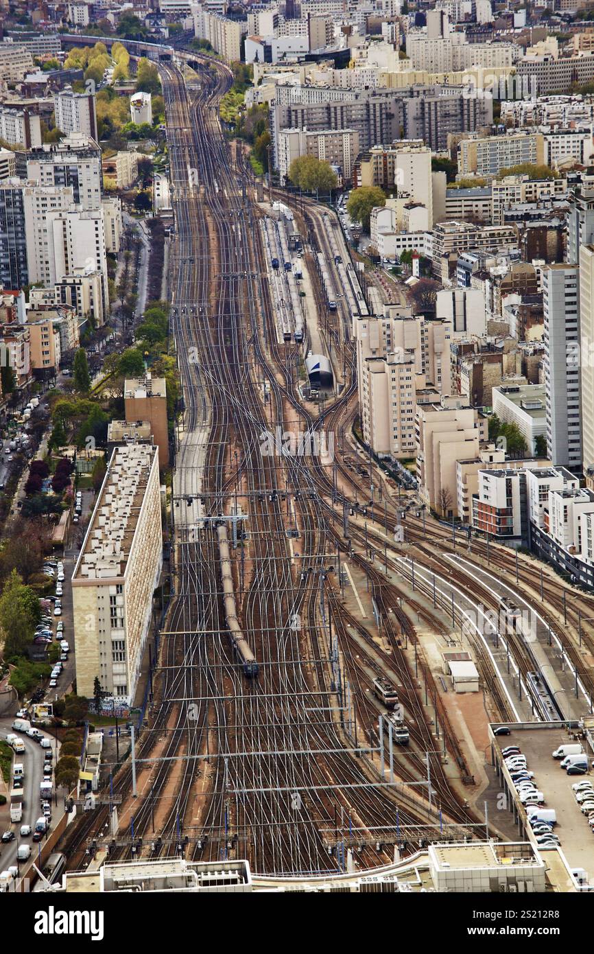 Many rails of the French railway in front of a station in Paris, France ...